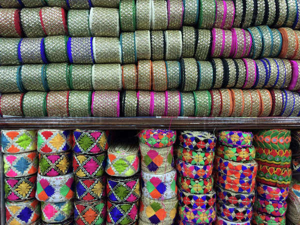 Reels of colorful ribbons in bazaars of Old Delhi, India - Stock Photo ...