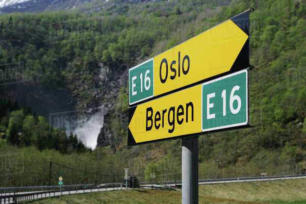 Bergen and Oslo road signs, Norway - Stock Photo - Dissolve