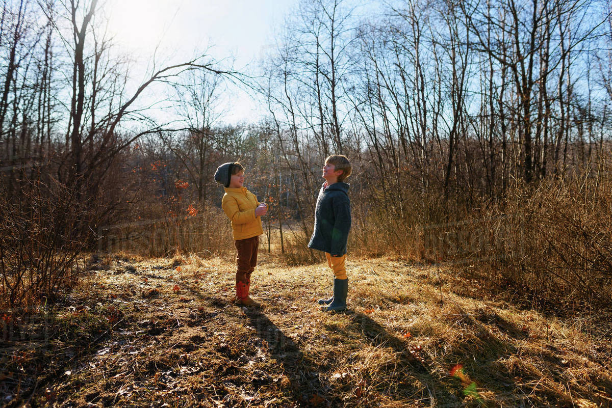 Two boys standing in a rural landscape laughing - Stock Photo - Dissolve
