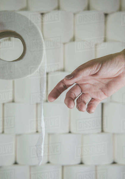 Human hand reaching for toilet roll - Royalty-free Stock Photo | Dissolve