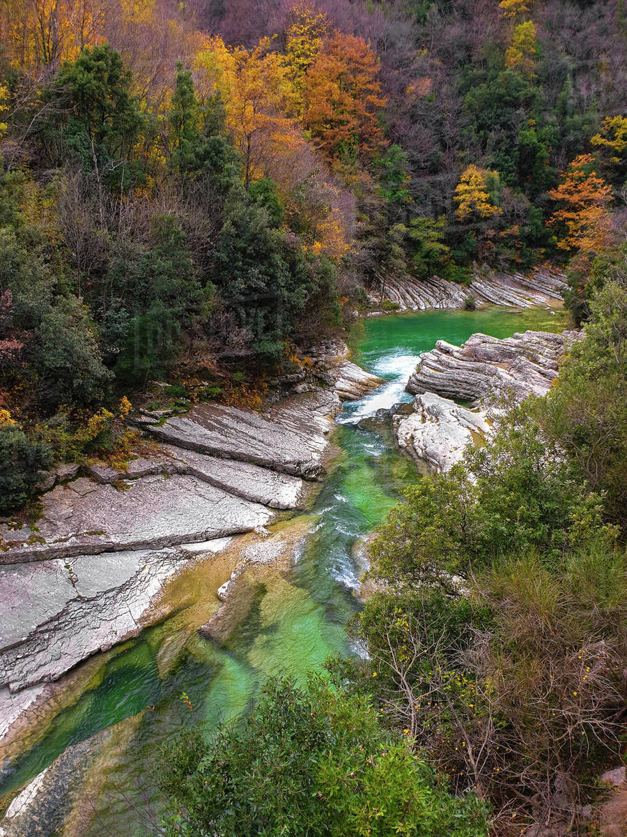 Aerial view of an alpine river valley through an autumn forest ...