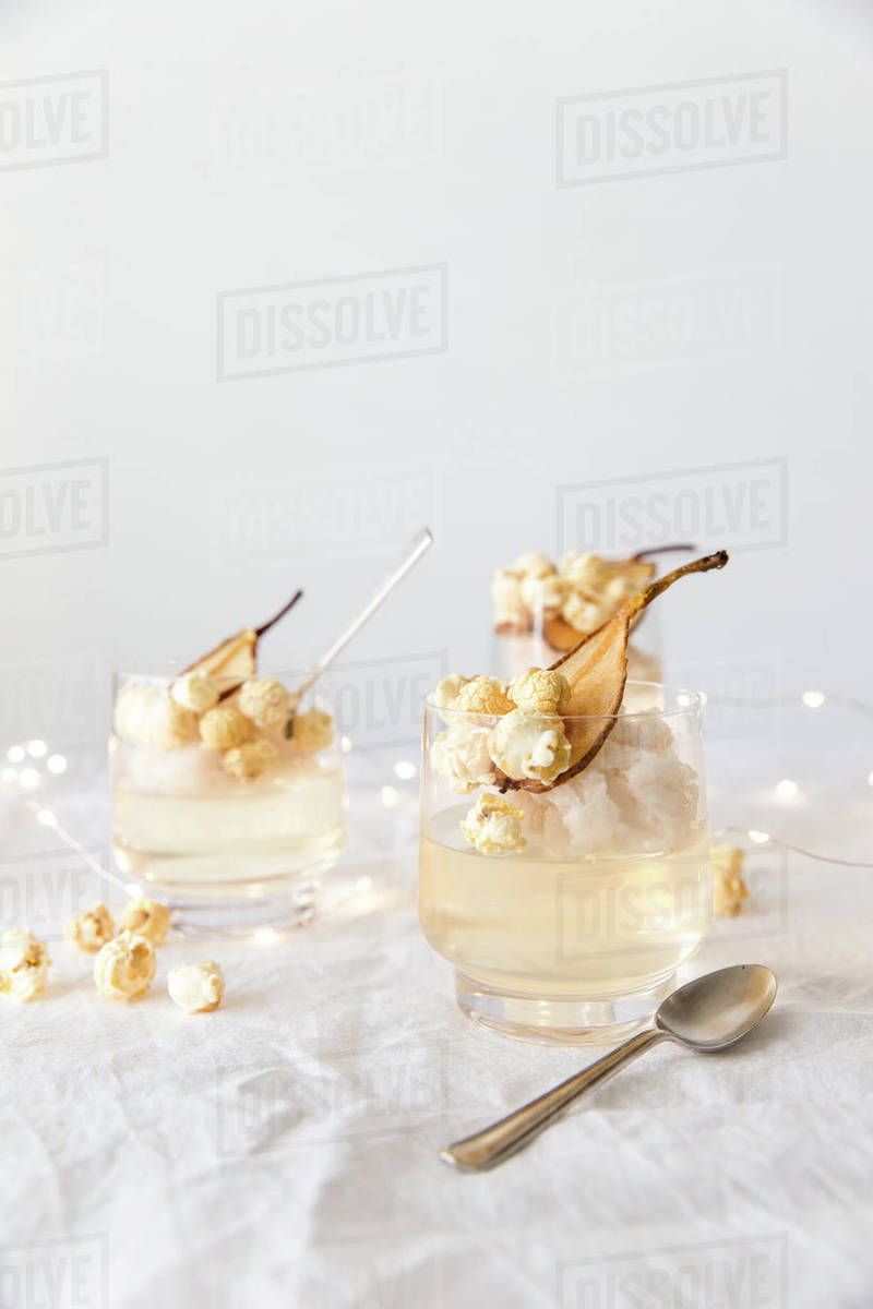 Prosecco jelly, pear and granita topped with pear water and prosecco ...