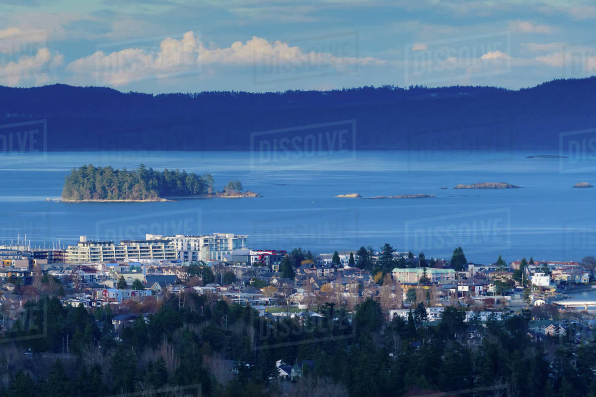 Aerial townscape and Salish Sea, Sidney, British Columbia, Canada ...