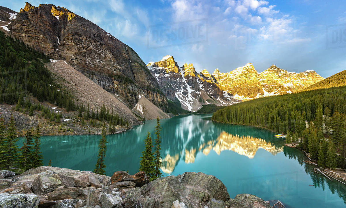 Moraine Lake, panorama reflection, Canadian Rockies, Banff National Park, Alberta, Canada ...