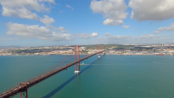 Aerial view over 25th of April Bridge in Lisbon also called Salazar ...