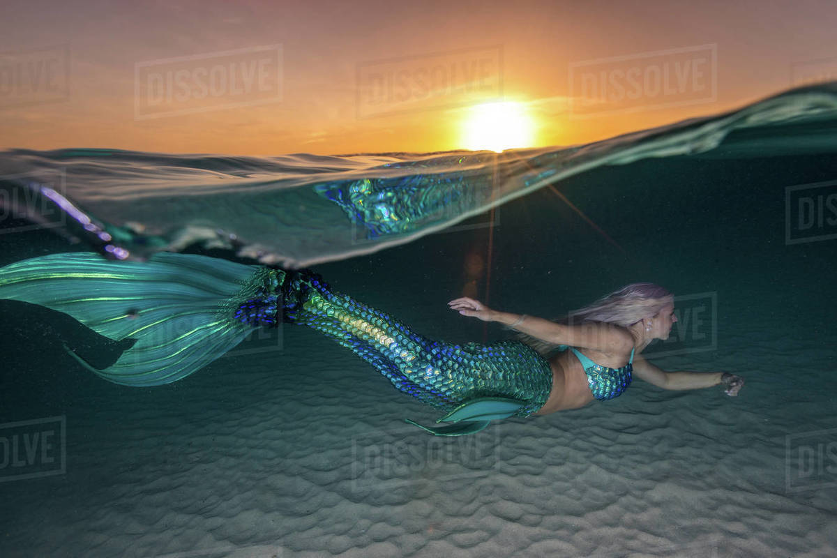 Side view of beautiful carefree young mermaid with shiny blue fishtail ...