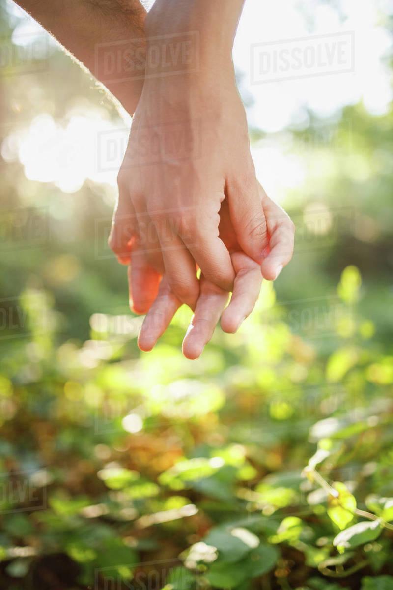 Crop anonymous romantic couple holding hands gently while spending time ...