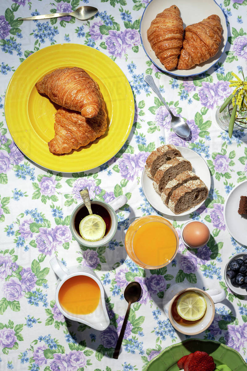 From above top view of homemade full brunch breakfast in sunlight with ...