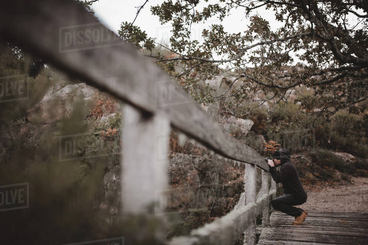 Side view of photographer sitting on wooden footbridge and taking shots ...