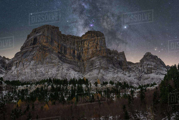 From below amazing scenery of mountain rocky under dark sky with Milky ...