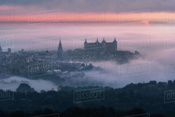 From above wonderful landscape of medieval castle built over city in ...