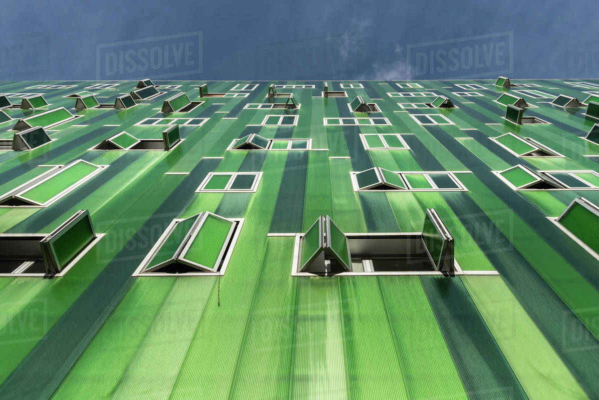 From below contemporary building with vivid green facade and opened ...