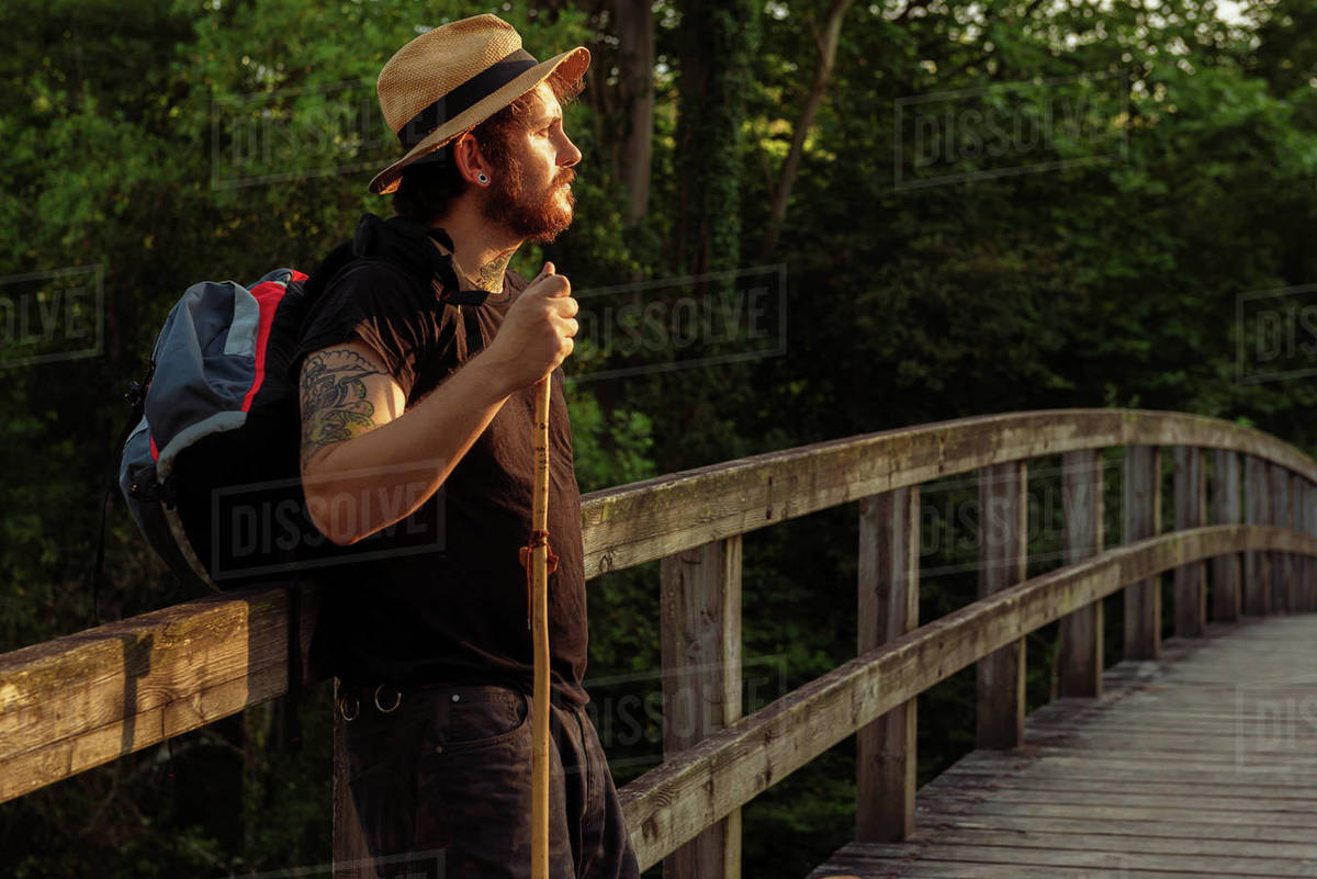 Side view of male wanderer with backpack and wooden stick standing on ...