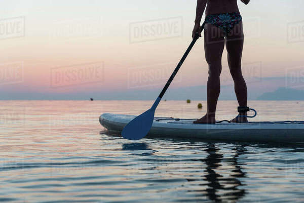 Back view of crop anonymous woman standing on surfboard and rowing with ...