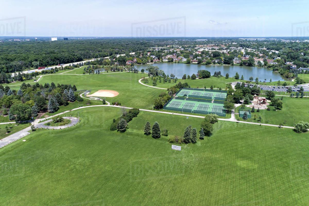 Aerial view of a suburban park district area with a soccer field ...