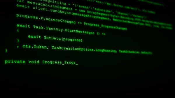 3D Hacking green code data flow stream on screen with typing coding ...