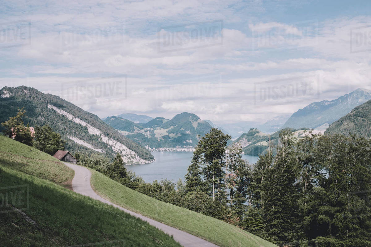 Panorama view of Lucerne lake and mountains scene in Pilatus of Lucerne ...