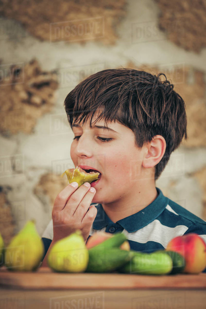 The boy is eating figs against the background of the harvest from his ...