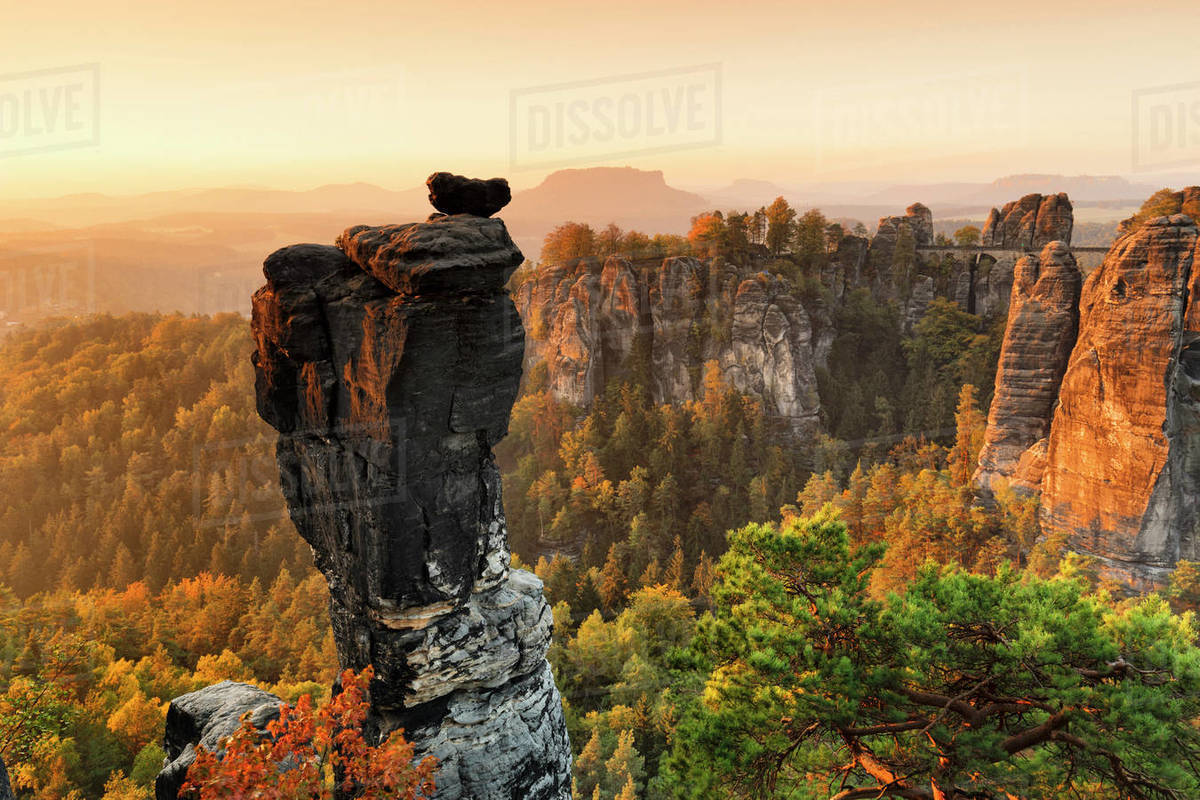 View from Wehlnadel rocks to Bastei Bridge in Elbe Sandstone Mountains ...