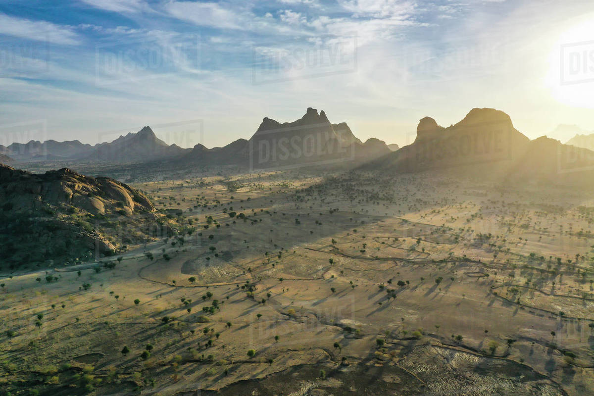 Aerial of beautiful mountain scenery, Sahel, Chad, Africa - Royalty ...