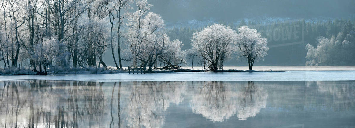 Loch Ard partially frozen over and a hoar frost around Aberfoyle in the ...