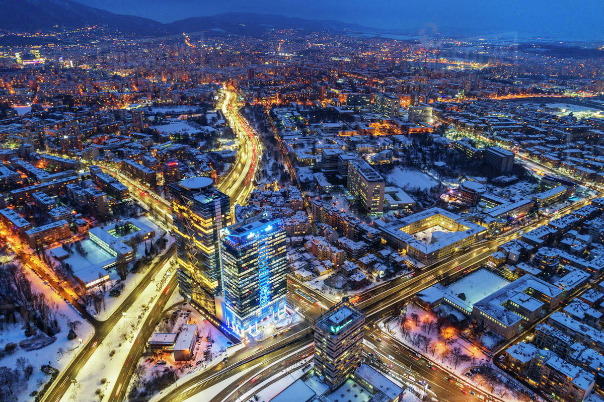 Aerial view of Sofia city center at night, Sofia, Bulgaria, Europe ...