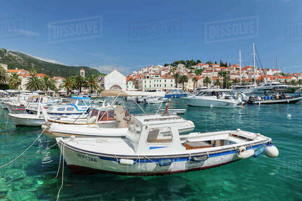View from port to Sveti Stjepan Cathedral and Arsenal, Hvar, Hvar ...