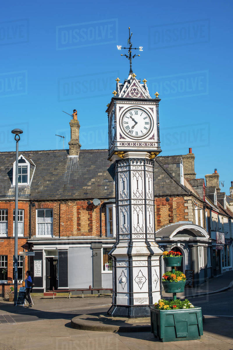 Ornate old clock by James Scott in town square, Downham Market, Norfolk ...