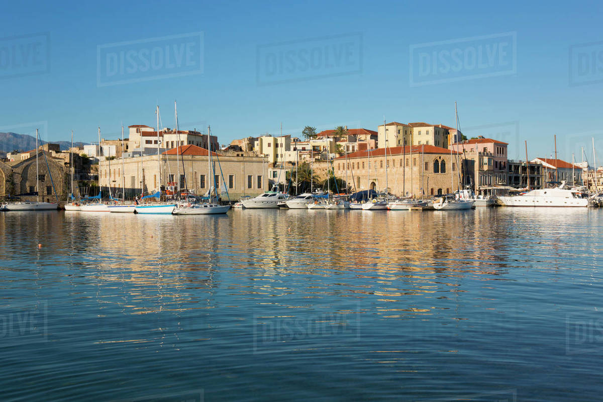 View across the Old Harbour, early morning, quayside buildings ...