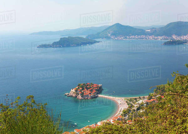 High angle view from hillside over Budva Bay and the exclusive island ...