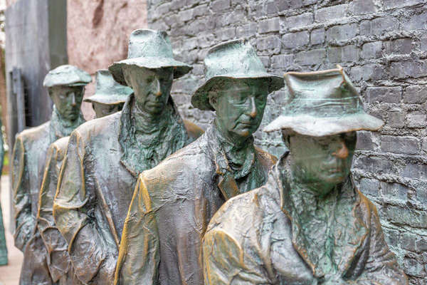 View of statue of a Great Depression bread line at the Franklin D ...