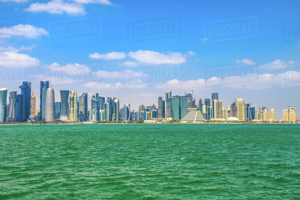 Banner panorama of Doha cityscape, West Bay skyline in Doha Bay, Doha ...