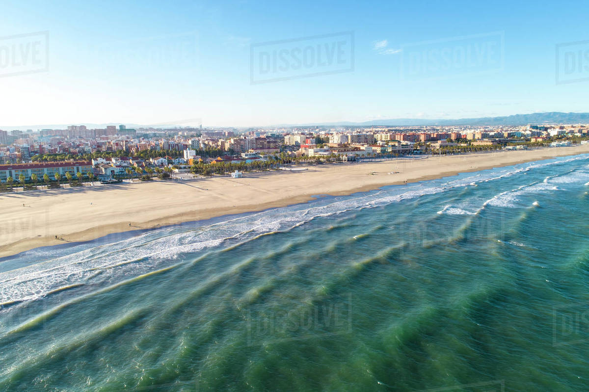 Aerial of the beach in Valencia in autumn, Valencia, Spain ...