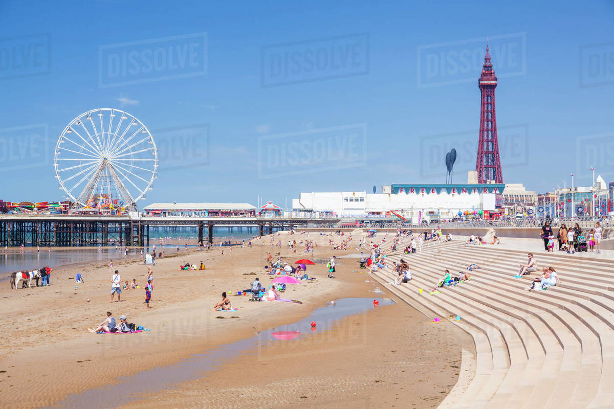 Blackpool Tower, Blackpool Beach, Blackpool Central Pier with ...