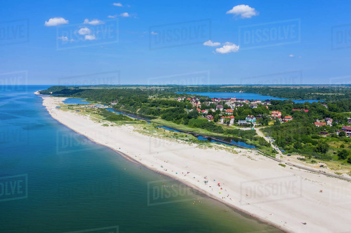 Aerial by drone of the white sand beach of Yantarny, Kaliningrad ...