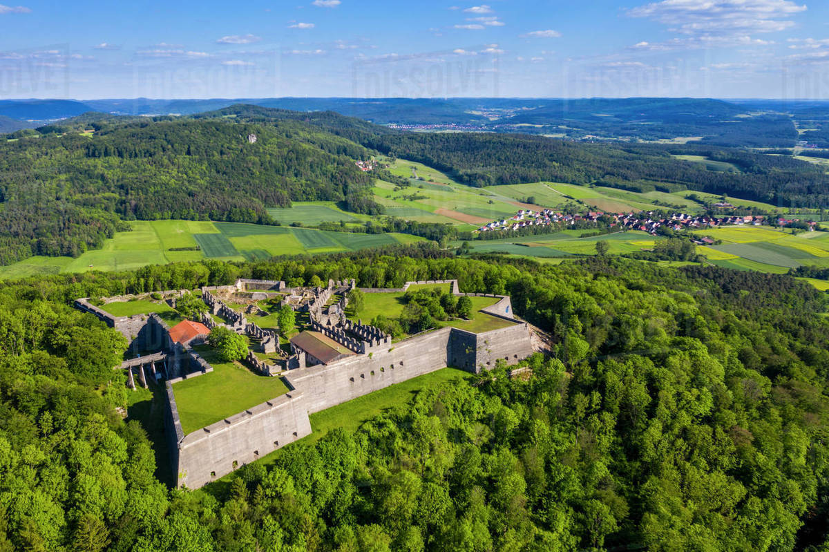 Aerial by drone of Fortress Rothenberg, Franconia, Bavaria, Germany ...