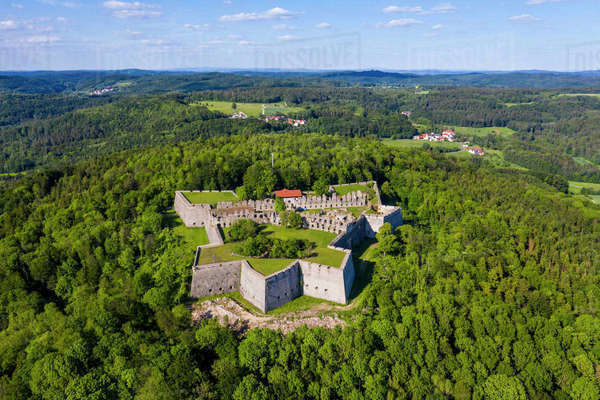 Aerial by drone of Fortress Rothenberg, Franconia, Bavaria, Germany ...