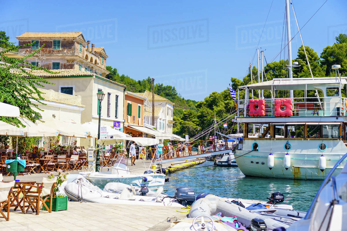 The pretty town of Gaios, the main port and harbour on the island ...