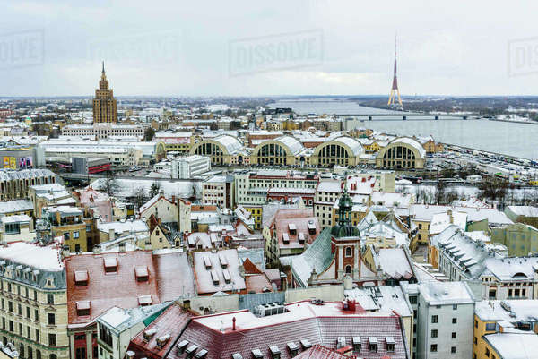 View over Riga Old Town city centre and Daugava River, with snow ...