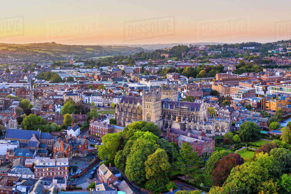 Aerial view over Exeter city centre and Exeter Cathedral, Exeter, Devon ...