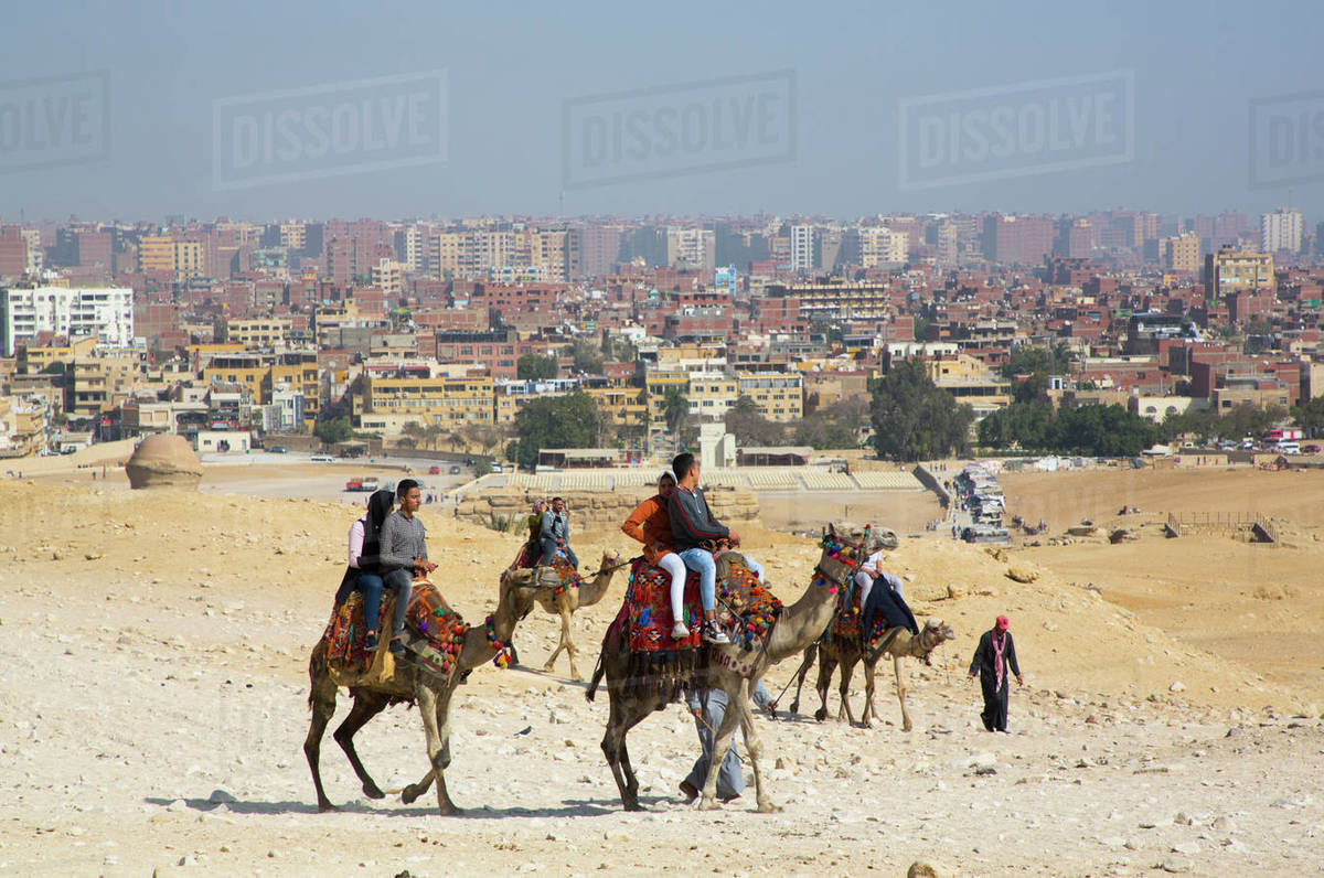 Tourists on Camels at the Great Pyramids of Giza, UNESCO World Heritage ...