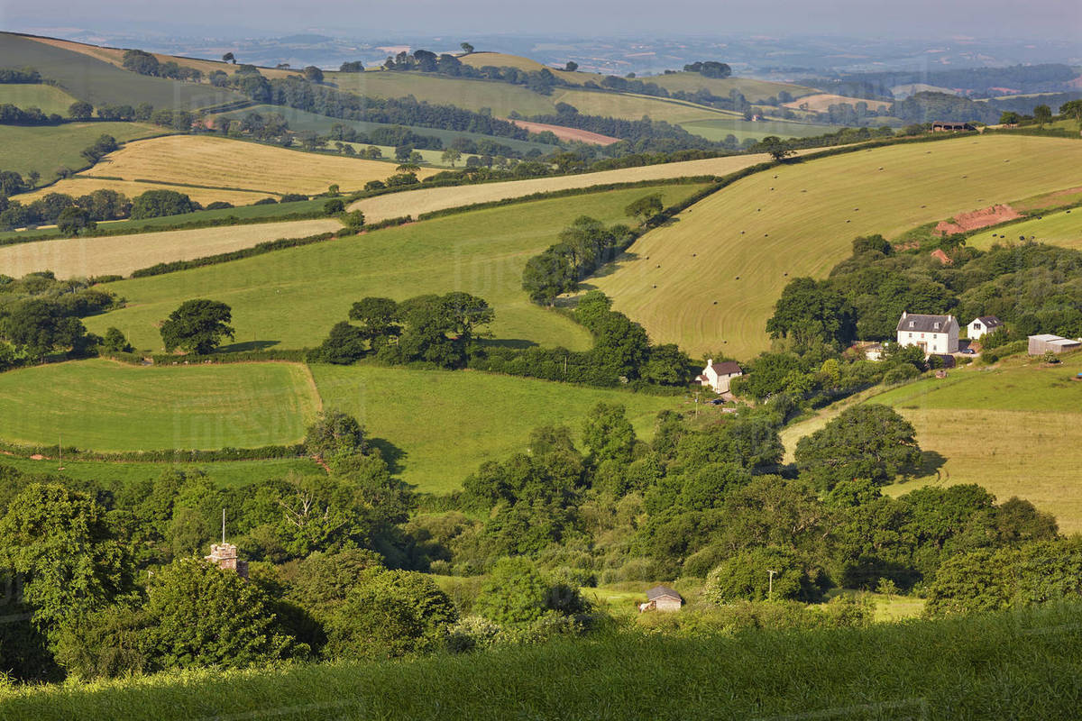 Mid-Devon agricultural countryside in early summer, seen from the ...