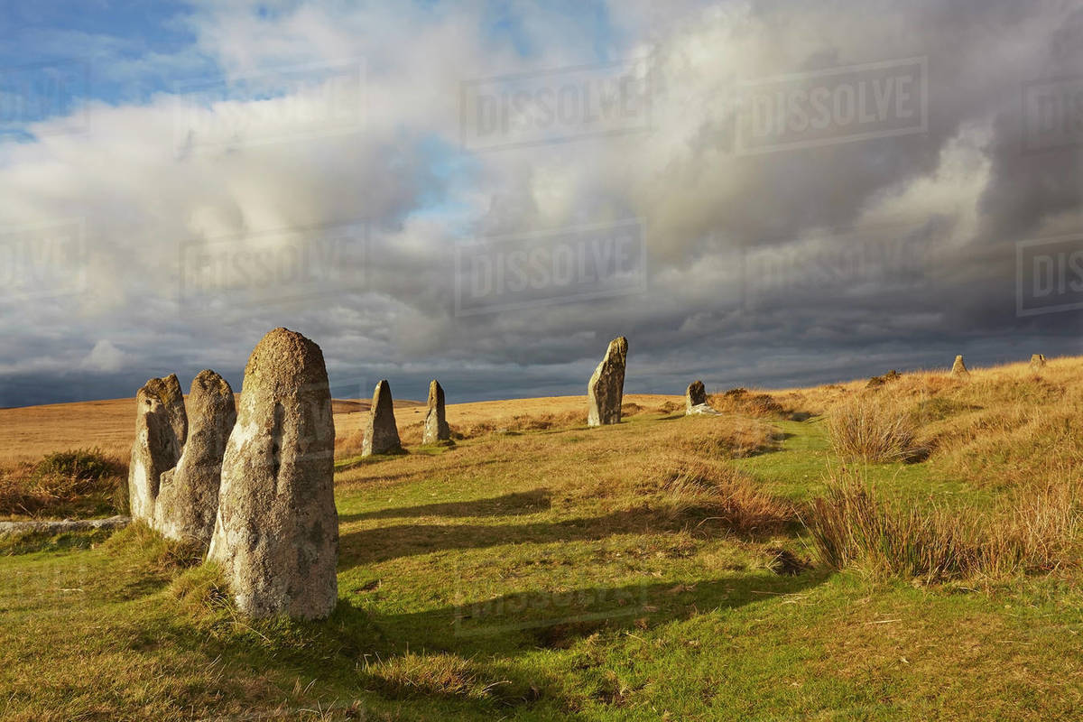 Ancient prehistoric standing stones in a stone circle, Scorhill Stone ...