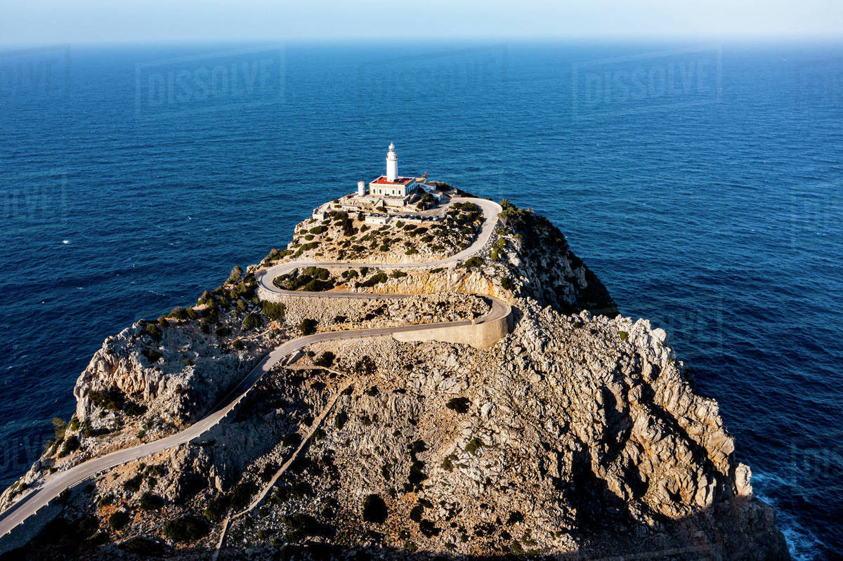 Aerial of the lighthouse at the Cap de Formentor, Mallorca, Balearic ...