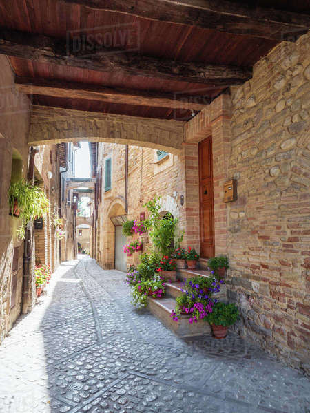 A typical colorful street in Montefalco's old town, Montefalco, Umbria ...