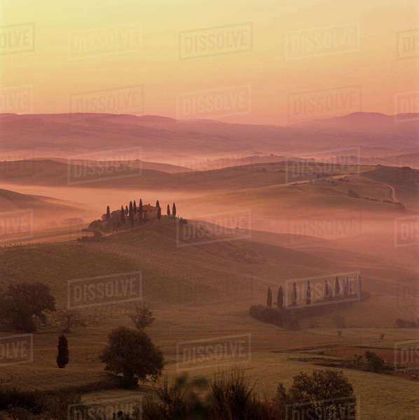 Tuscan farmhouse with cypress trees in misty landscape at sunrise, San ...