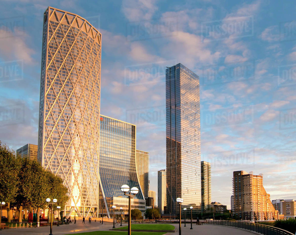 Canary Wharf towers from Westferry Circus, Docklands, London, England ...
