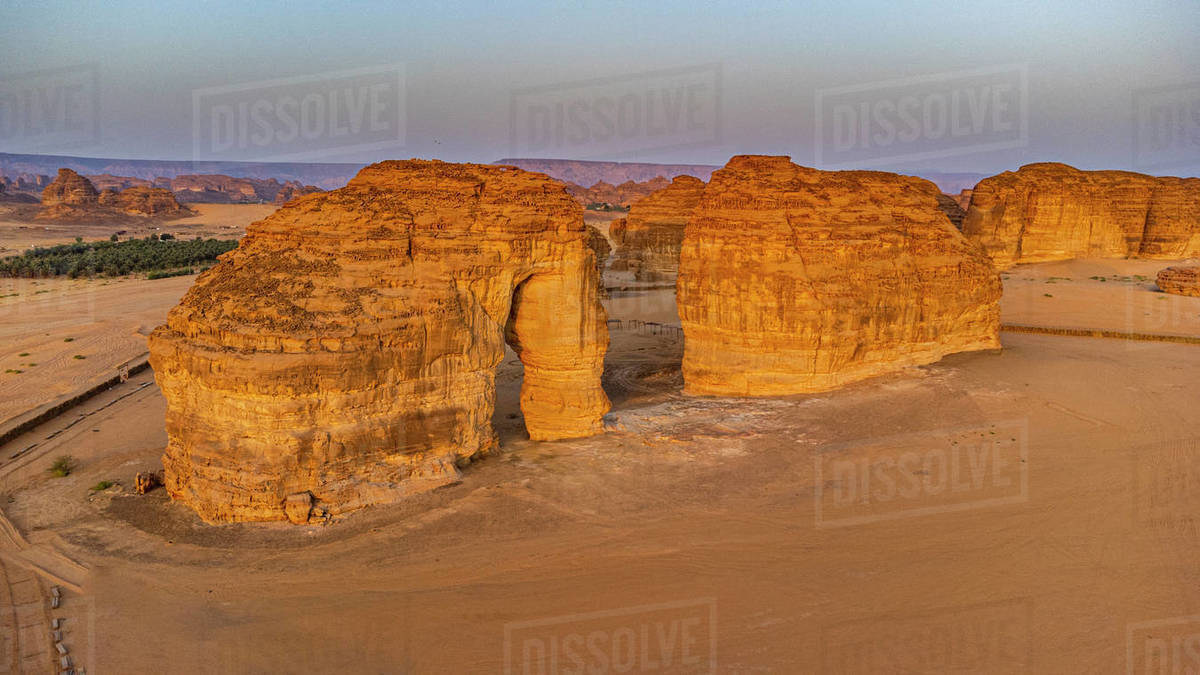 Aerial of the Elephant Rock, Al Ula, Kingdom of Saudi Arabia, Middle ...