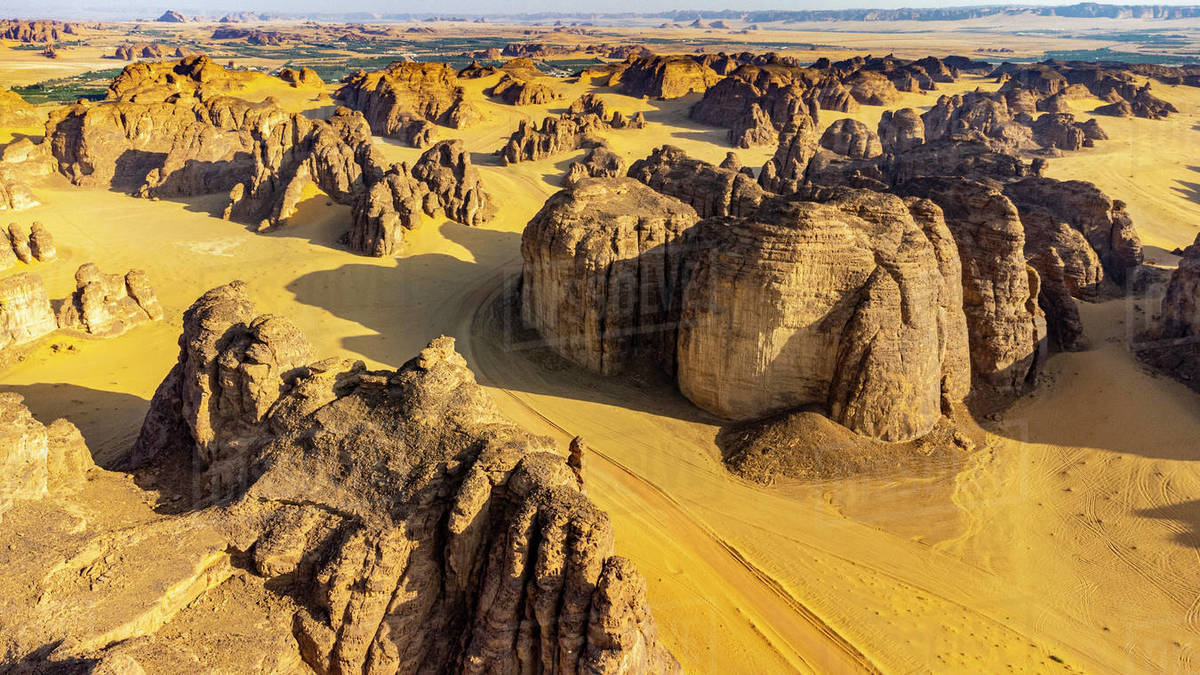 Aerial of a sandstone canyon, Al Ula, Kingdom of Saudi Arabia, Middle ...