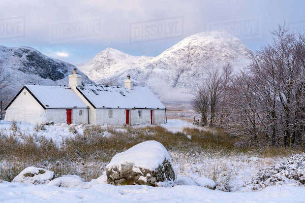 Blackrock Cottage in the snow, Glencoe, Scottish Highlands, Scotland ...